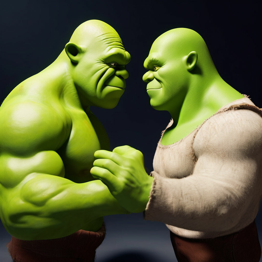 "Shrek without hair shook hands with …" — image created in Shedevrum