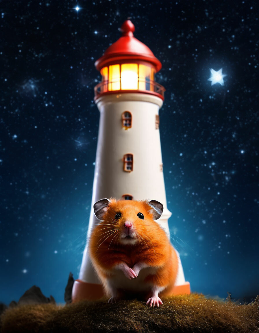 "Red hamster, stars, lighthouse, …" — image created in Shedevrum