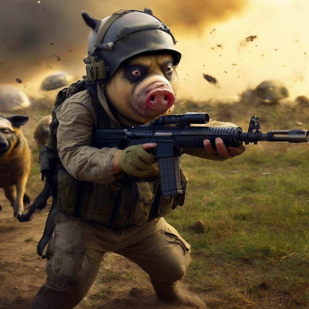 "Fight pigs and minions in the field …" — image created in Shedevrum
