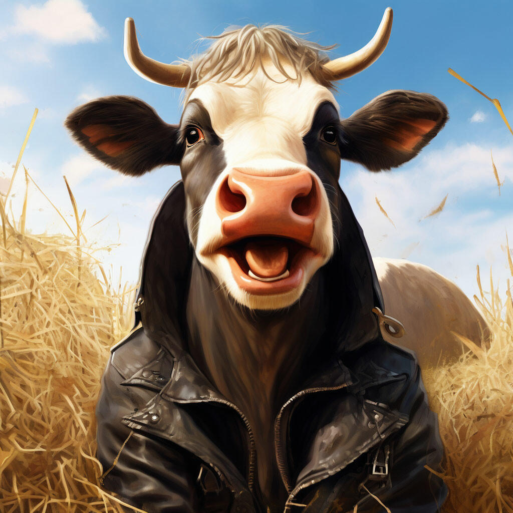 "A kind cow rock star in a leather …" — image created in Shedevrum