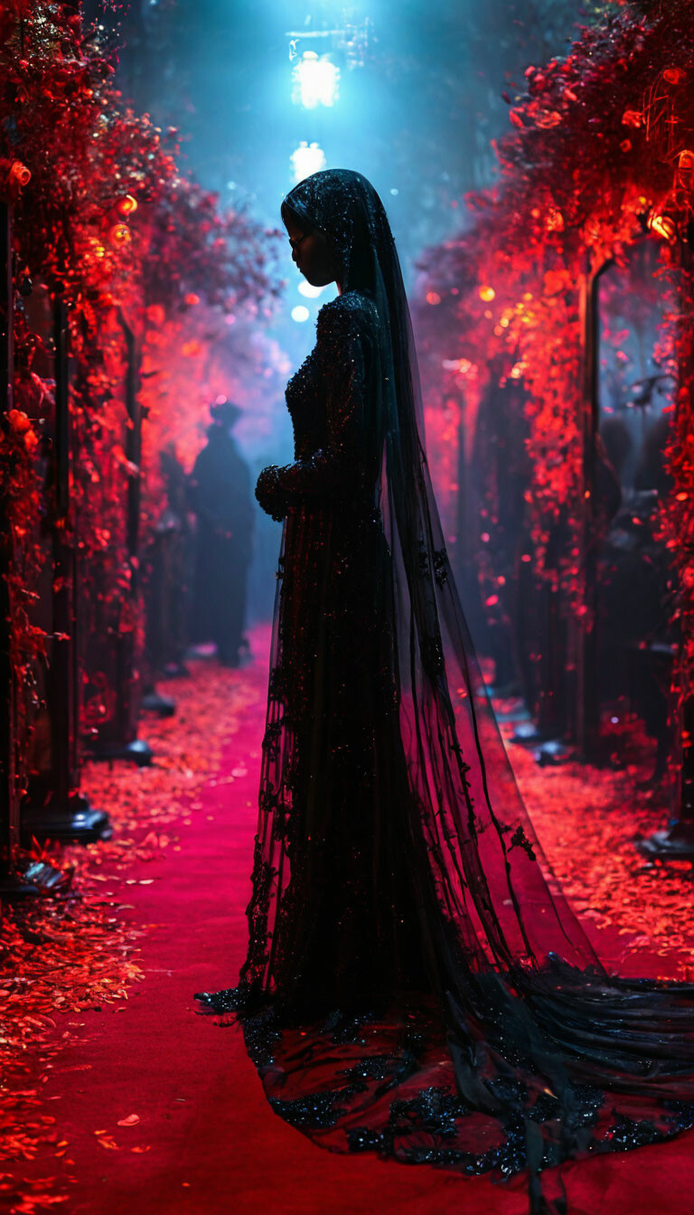 "Flaming black soul, veil, neon, gloomy atmosphere, red carpet" — image ...