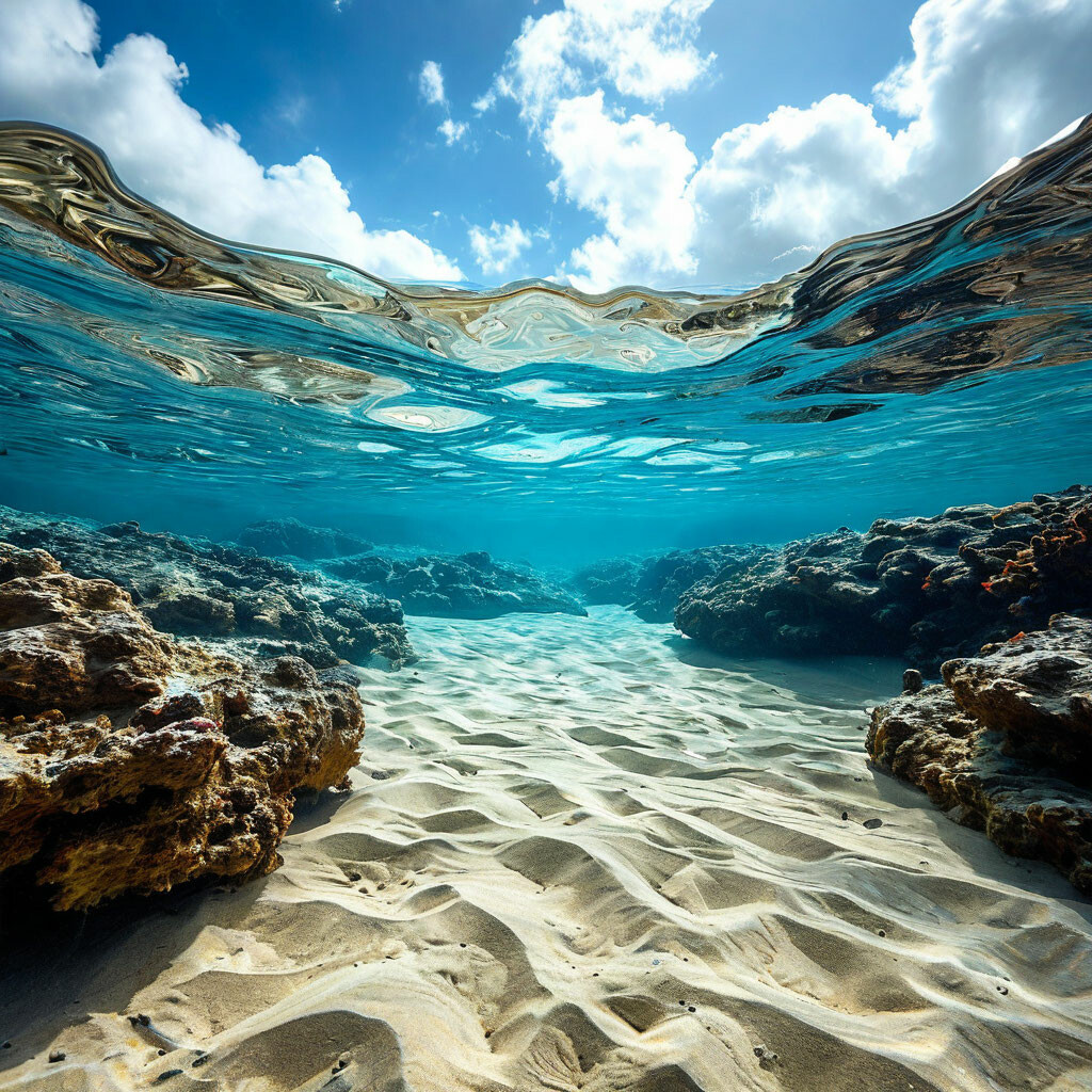 "Vast ocean, deserted seabed, only sand, photos from under the surface ...