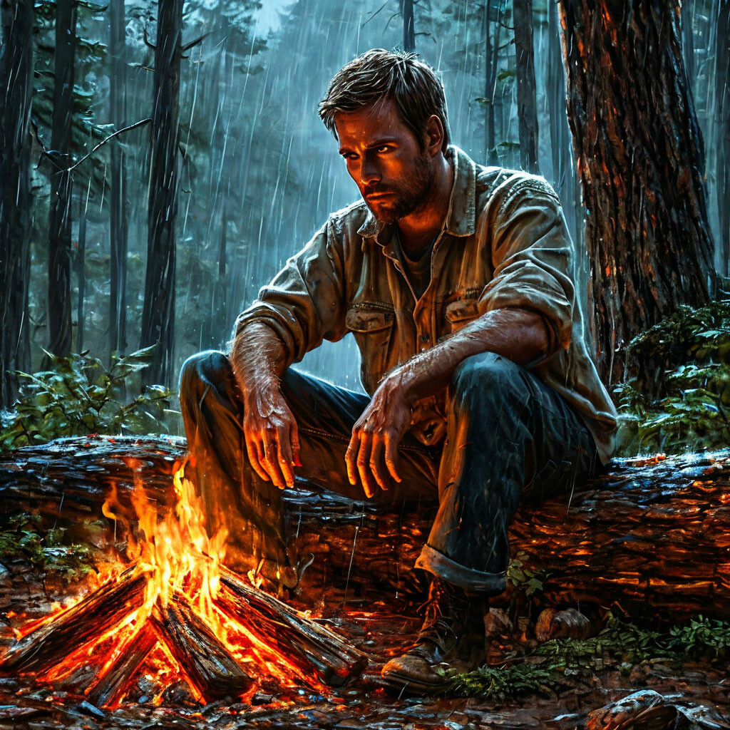 "Steve is sitting on a log by the …" — image created in Shedevrum