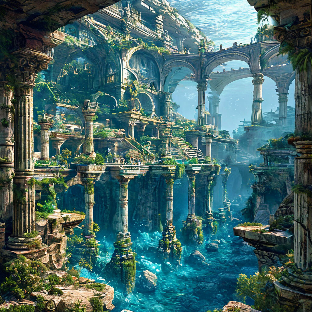 "Underwater, the lost mythical city of Atlantis, in the style of ...