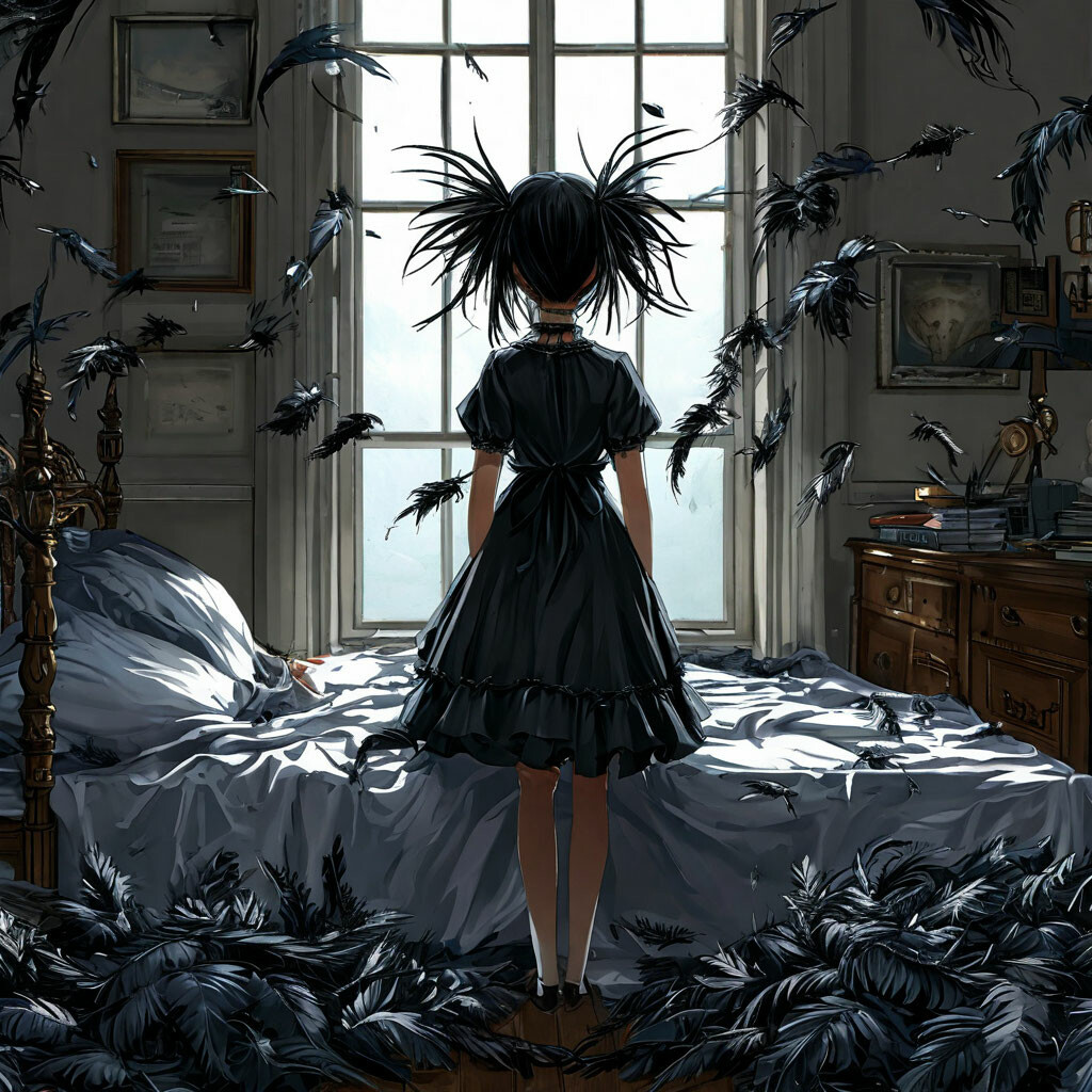 "Anime girl stands in front of a bed strewn with black feathers ...