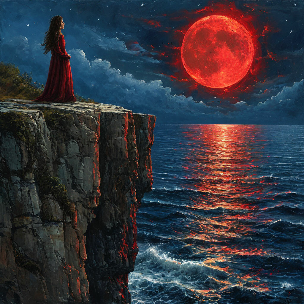 "The red moon over the cliff the sea …" — image created in Shedevrum