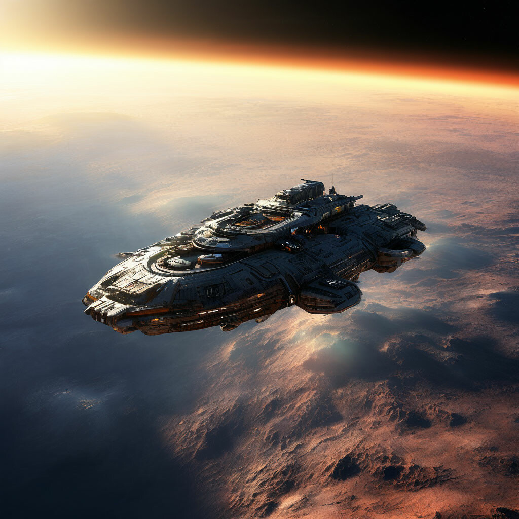 "A space cruiser hovered over a planet with uneven terrain and a translucent …" — image created ...