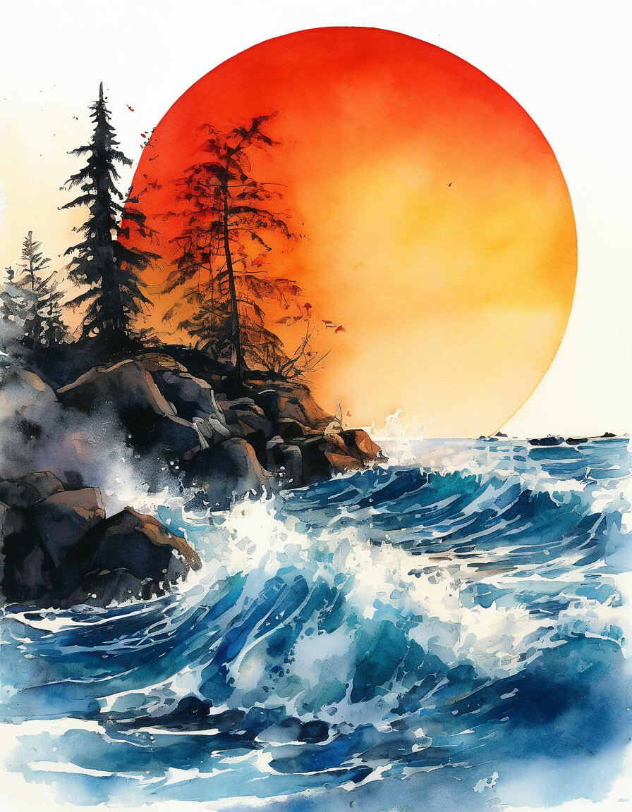 "Brigantine, sea, waves, giant moon, shore, Taganay rocks, small fire ...