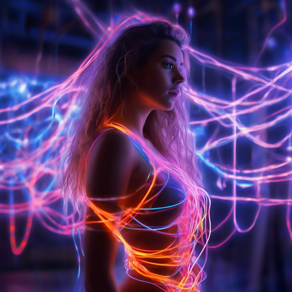 ") Beautiful girl neon threads around" — image created in Shedevrum