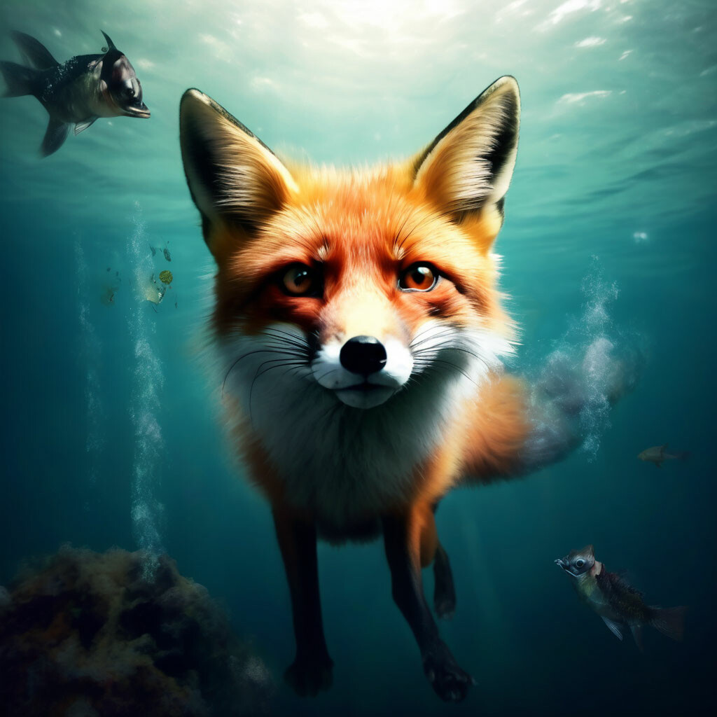 "The fox 🦊 🐾 Underwater fox, a hybrid of fish and fox, like a mermaid ...