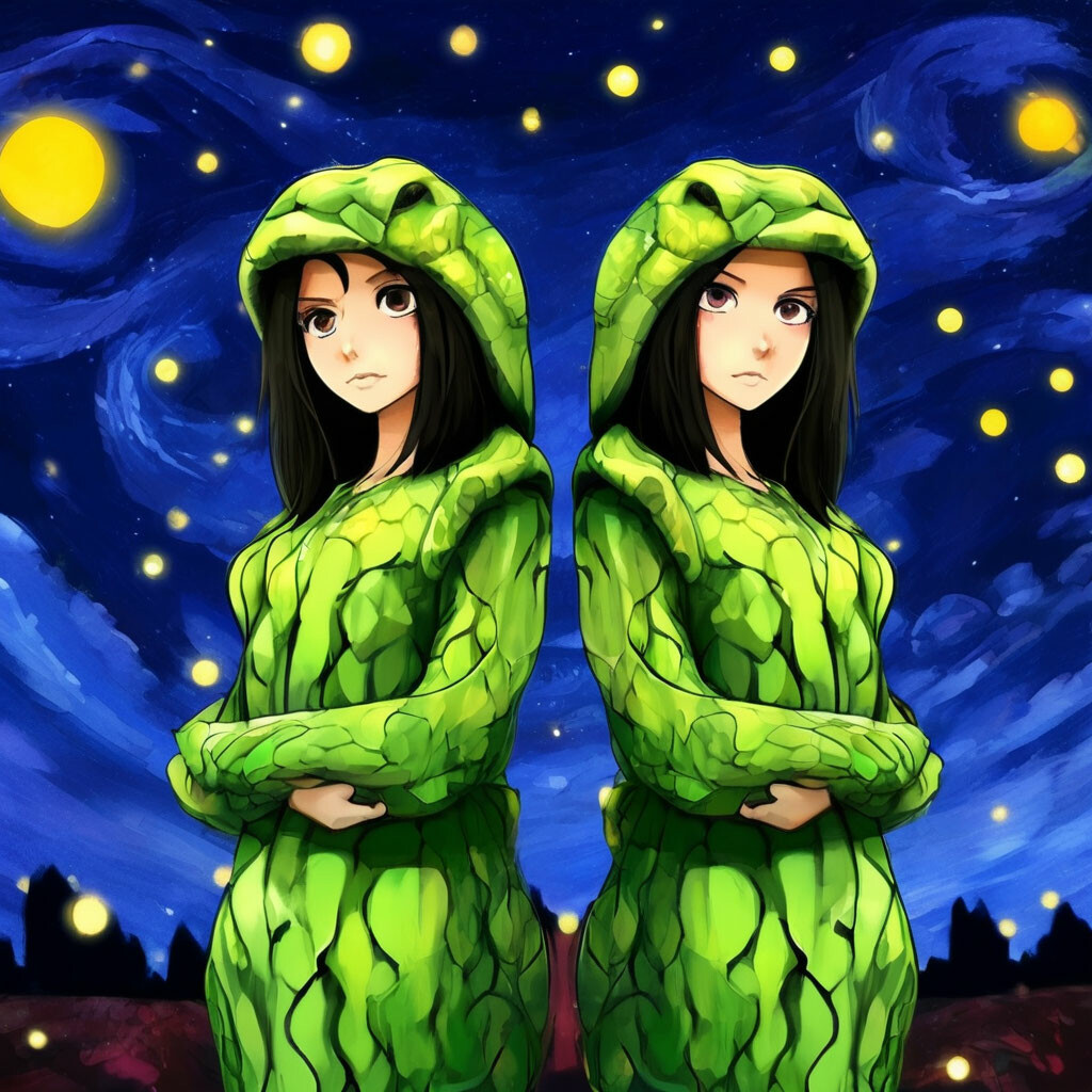 "Beautiful twins in snake costumes, in…" — image created in Shedevrum