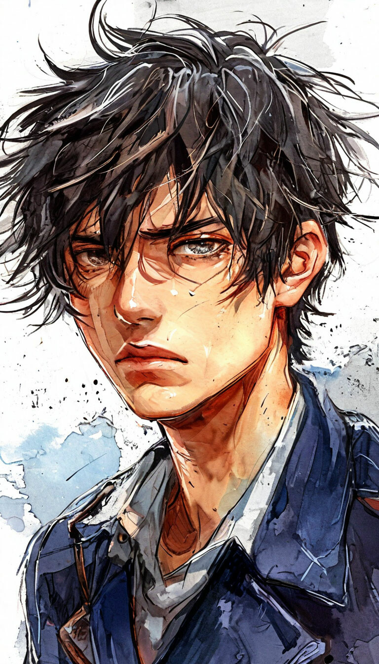 "Sketch art, guy with short dark hair, disheveled hairstyle, cold sad ...