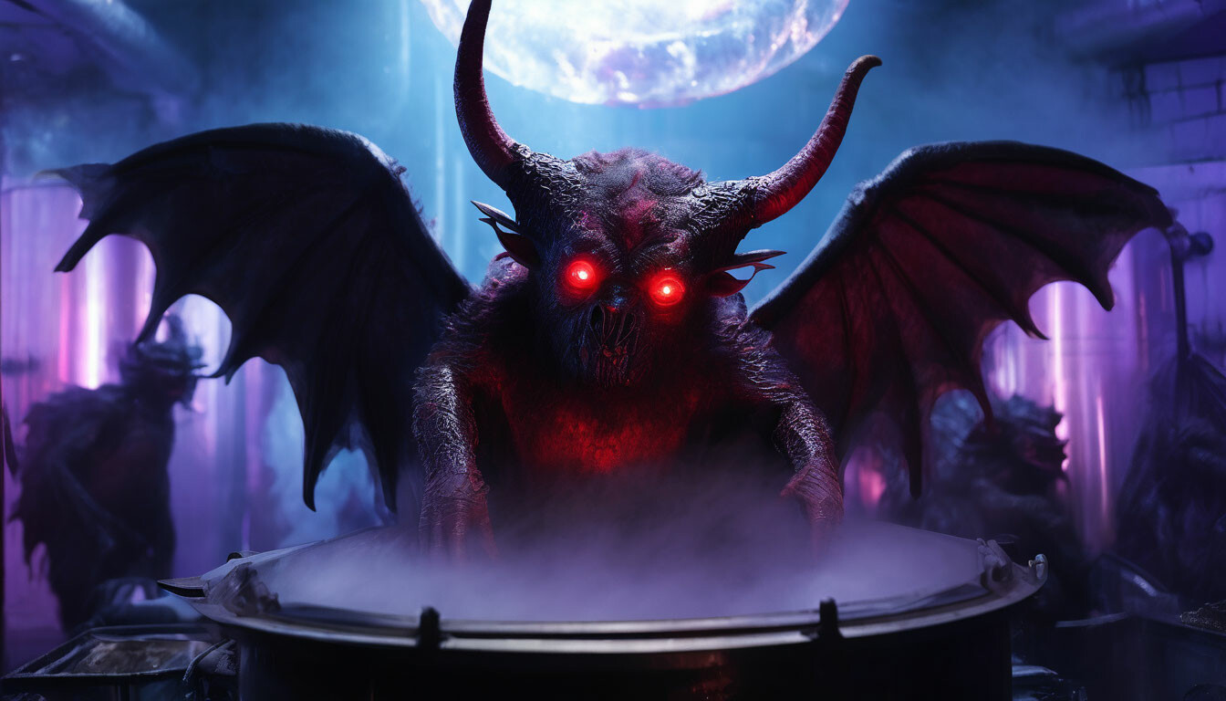 "Horned creatures with leathery wings…" — image created in Shedevrum