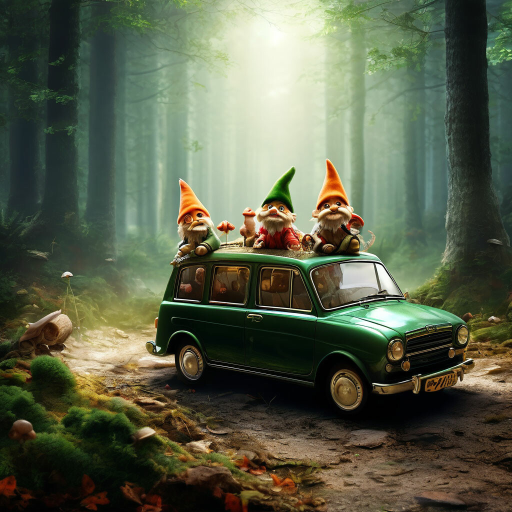 "Gnomes are riding through the forest on a dark green penny Lada and ...