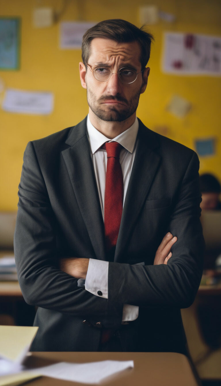 "Sad man teacher in a suit at school" — image created in Shedevrum