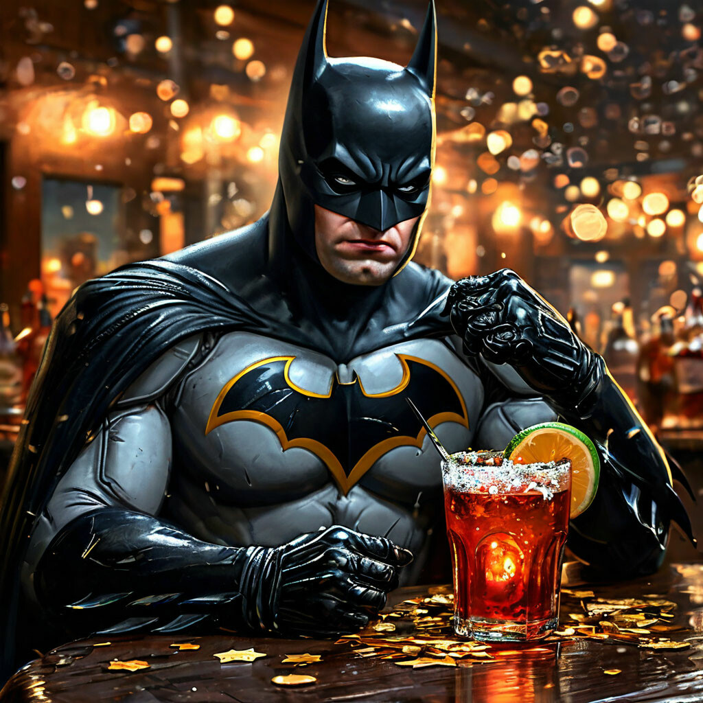 "Batman drinks a New Year's drink" — image created in Shedevrum