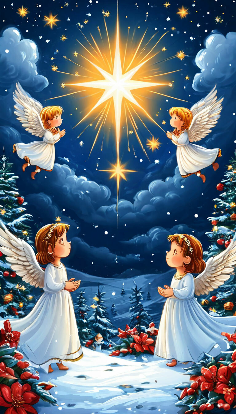 "Snow-white angels, halos, halos look up at the Christmas bright star ...