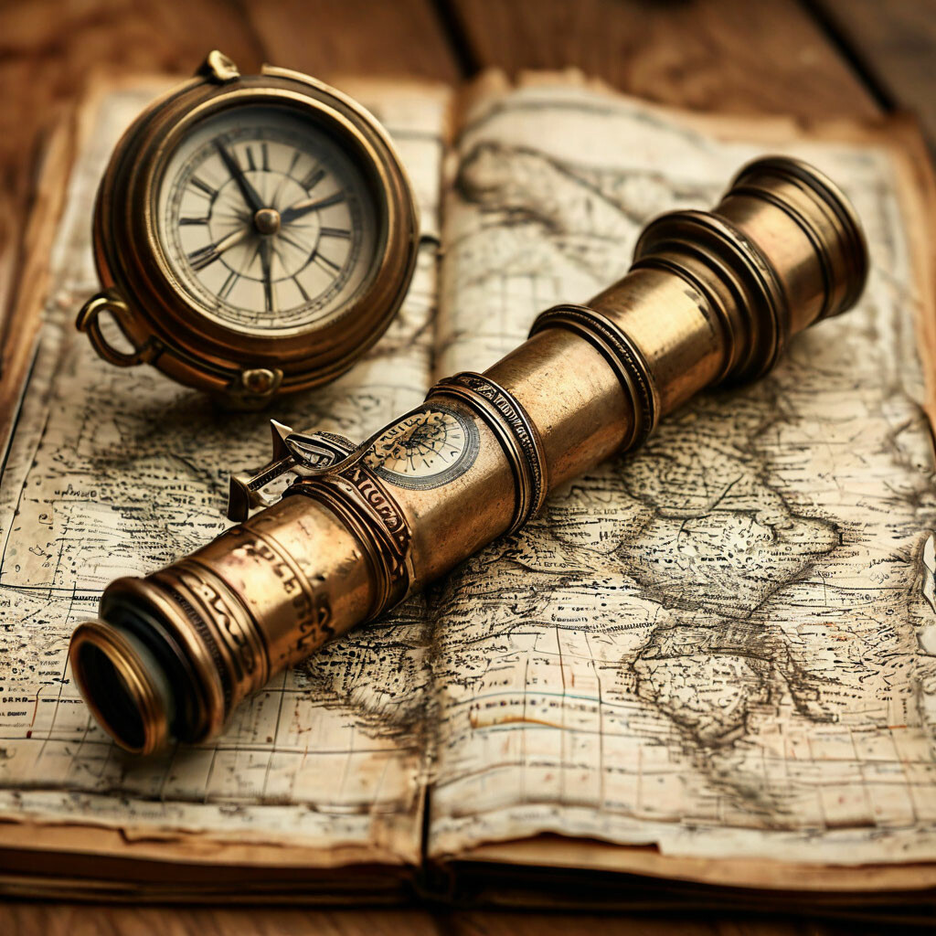 "Antique map compass telescope" — image created in Shedevrum