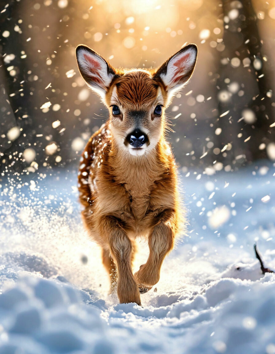 "A very beautiful cute fluffy fawn is running through the snow, the ...