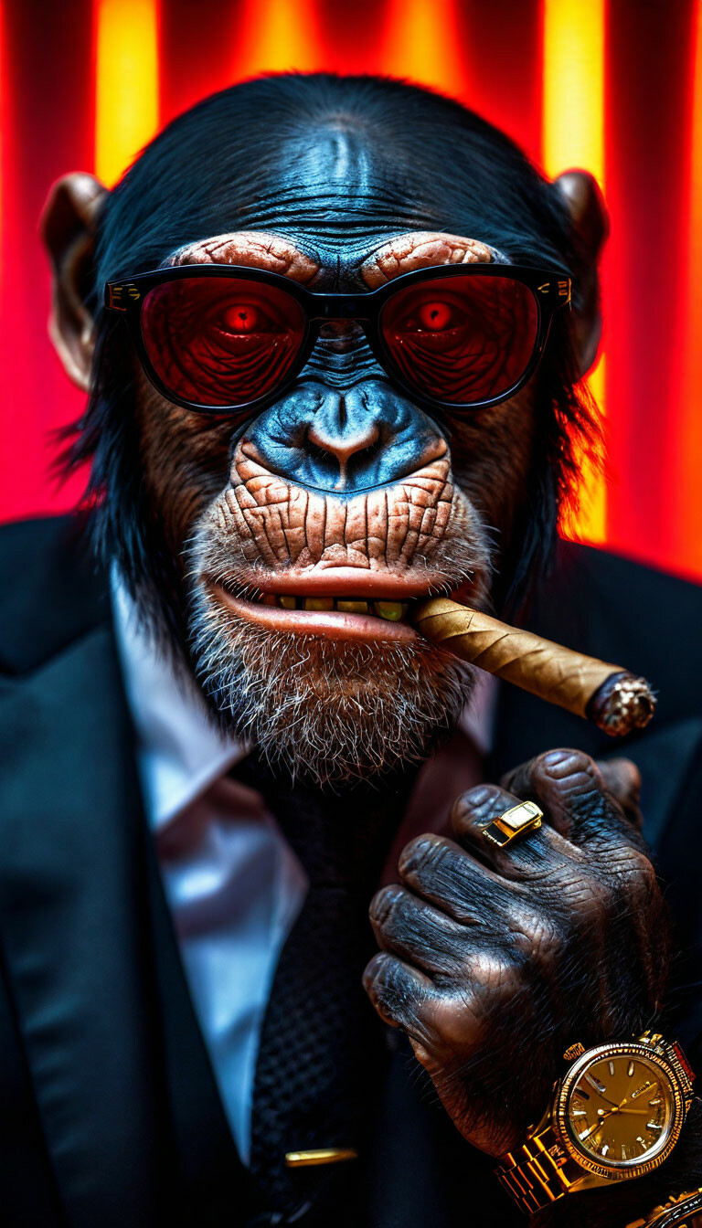 "Chimpanzee in tuxedo, teeth, smile, strict tie,black glasses, luxury ...