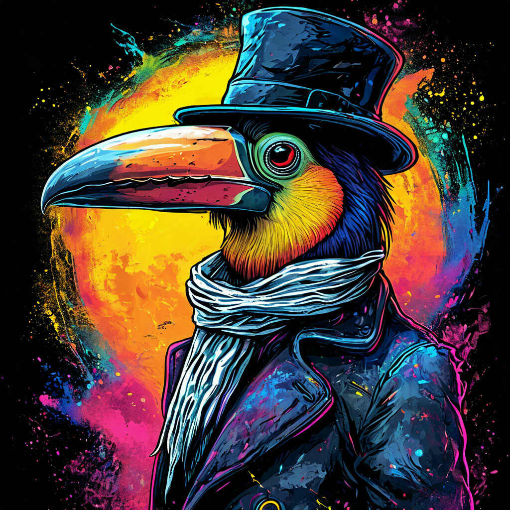 "An anthropomorphic toucan in a polto …" — image created in Shedevrum