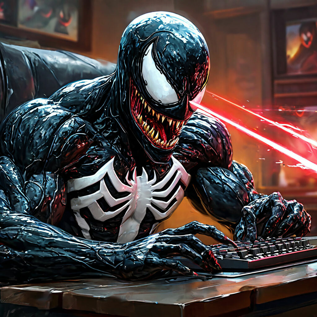 "Venom is playing computer games with …" — image created in Shedevrum