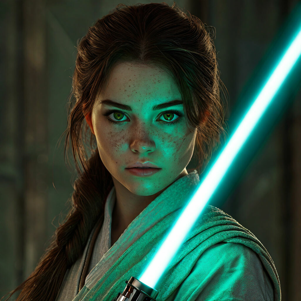 "The girl is dressed in Jedi robes. …" — image created in Shedevrum