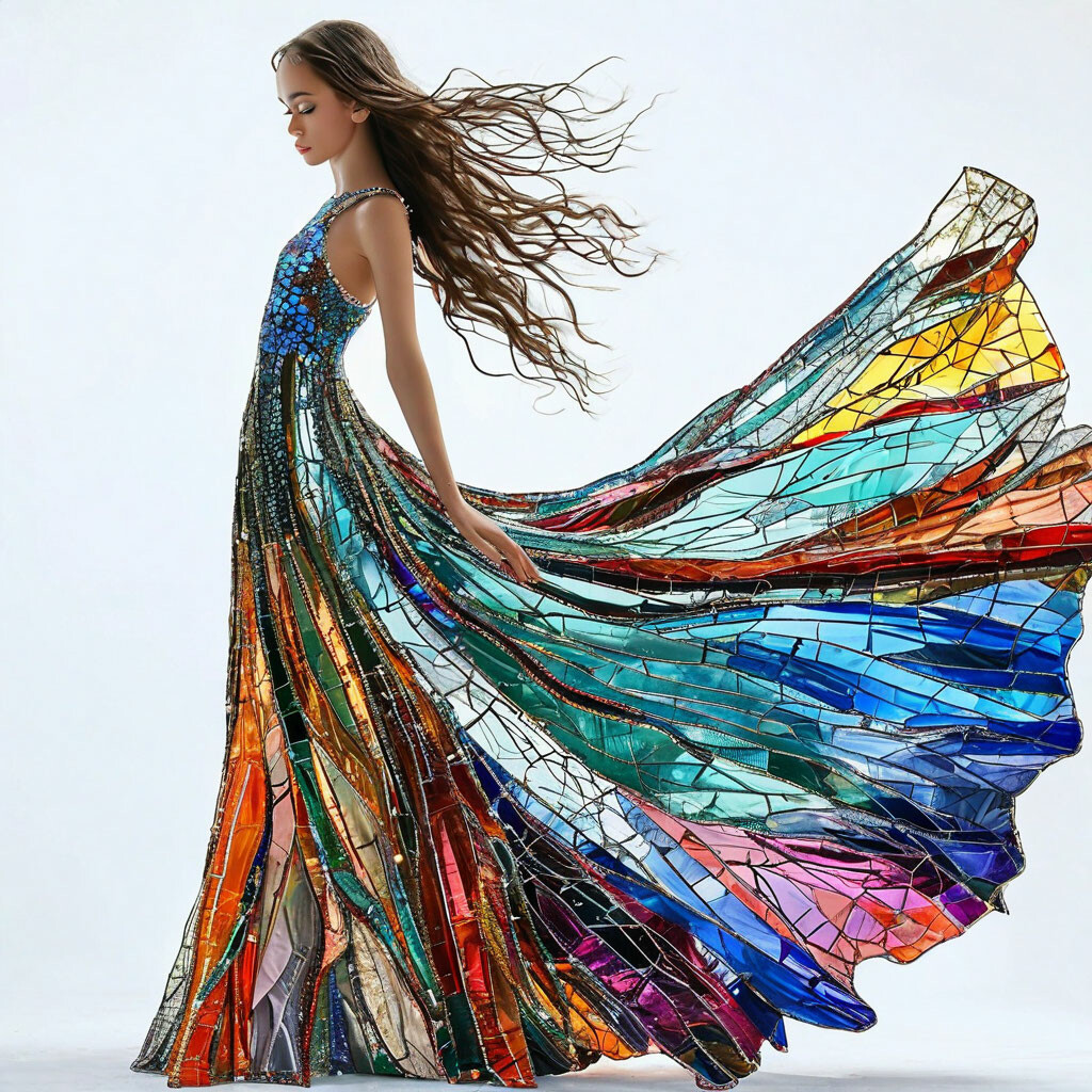 "A full-length girl in a long dress made of colored glass, crystal shoes, hair like water on a ...
