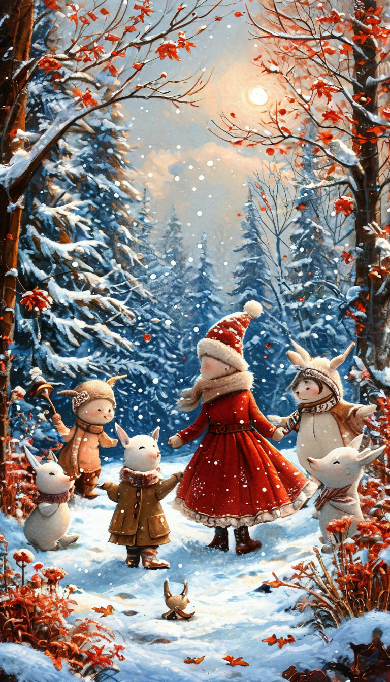 "Winter, fairy-tale forest, snowdrifts, snowflakes, Mummitroli dancing ...