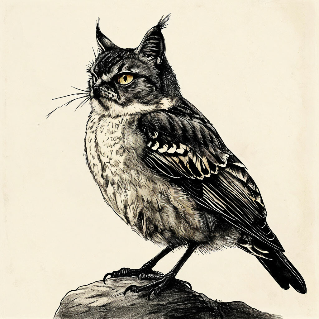 "A bird with a cat's head drawing …" — image created in Shedevrum