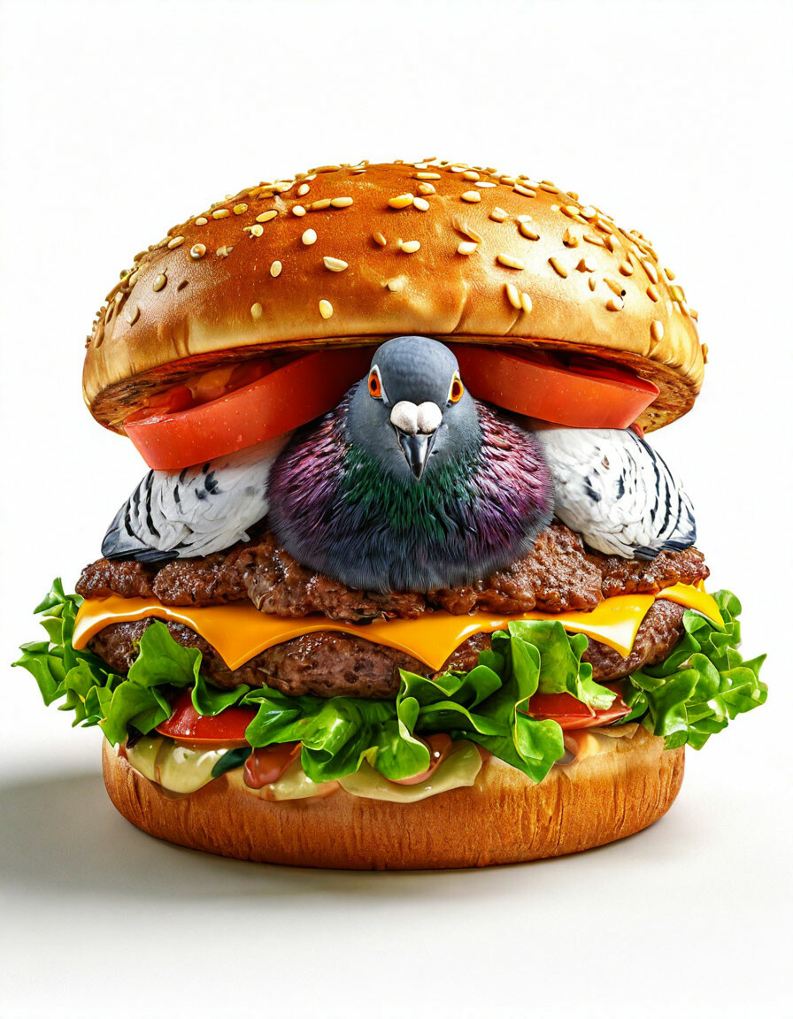 "A pigeon lies inside in a burger, an …" — image created in Shedevrum