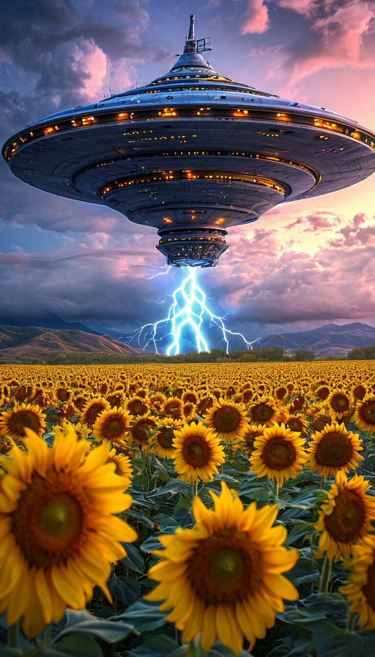 "Hyperrealism -Megacrasive-Alien A ship over a field of sunflowers ...