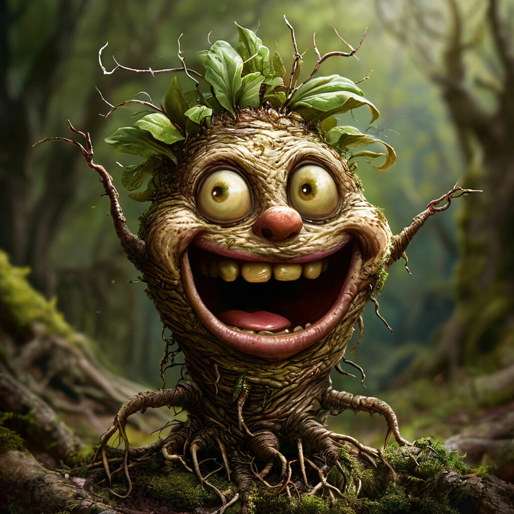 "The screaming Mandrake root screams cheerfully, with a smile, in a ...