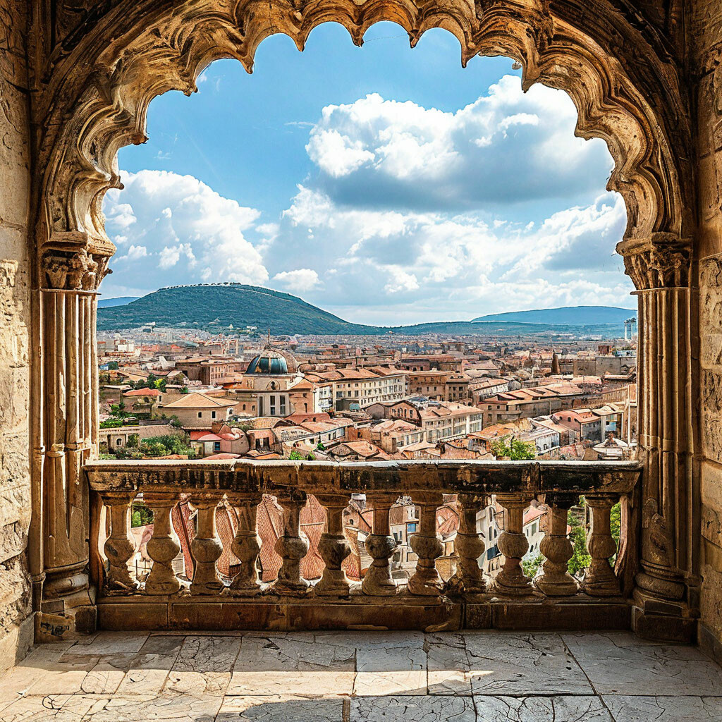 "Wide ancient balcony overlooking the ancient city panorama" — image ...