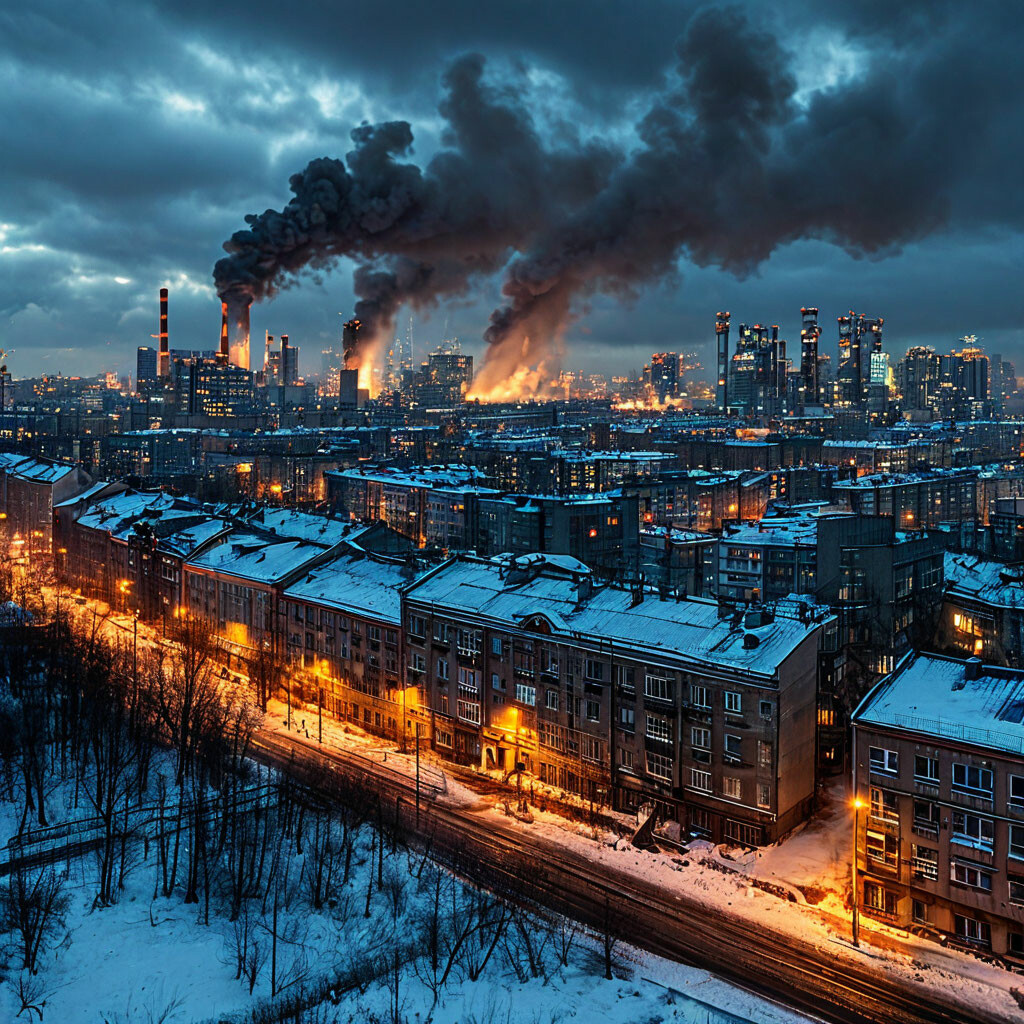 "Panel houses, lights in the windows are on at night, smog over the ...