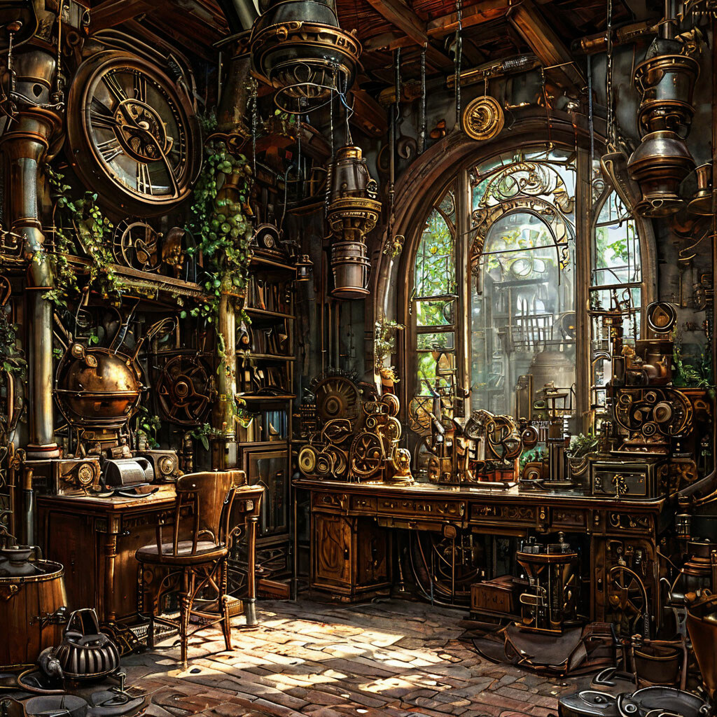 Steampunk Digital Art Of An Inventor S Workshop With Intracate