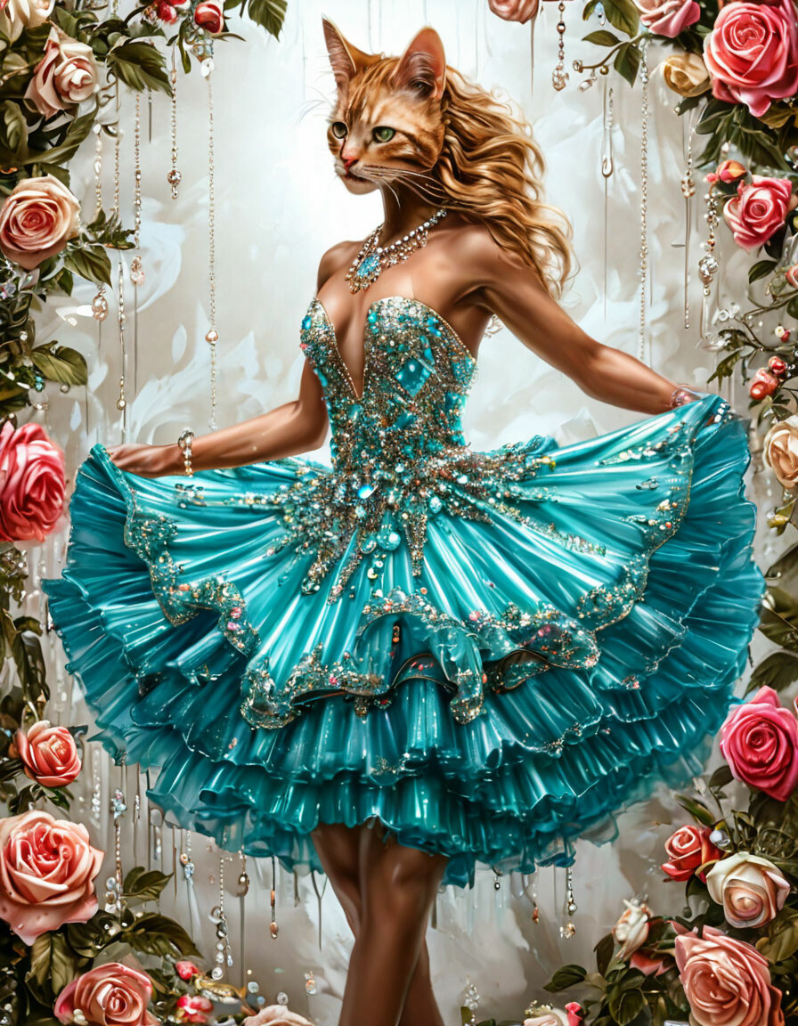 "Full-length beautiful cat salsa dancer in a very shiny open dress down ...