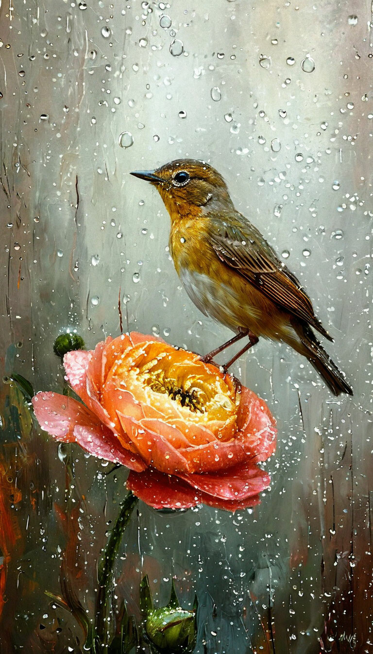 "@ja. JAH. A bird on a ranunculus flower in the style of Justina ...