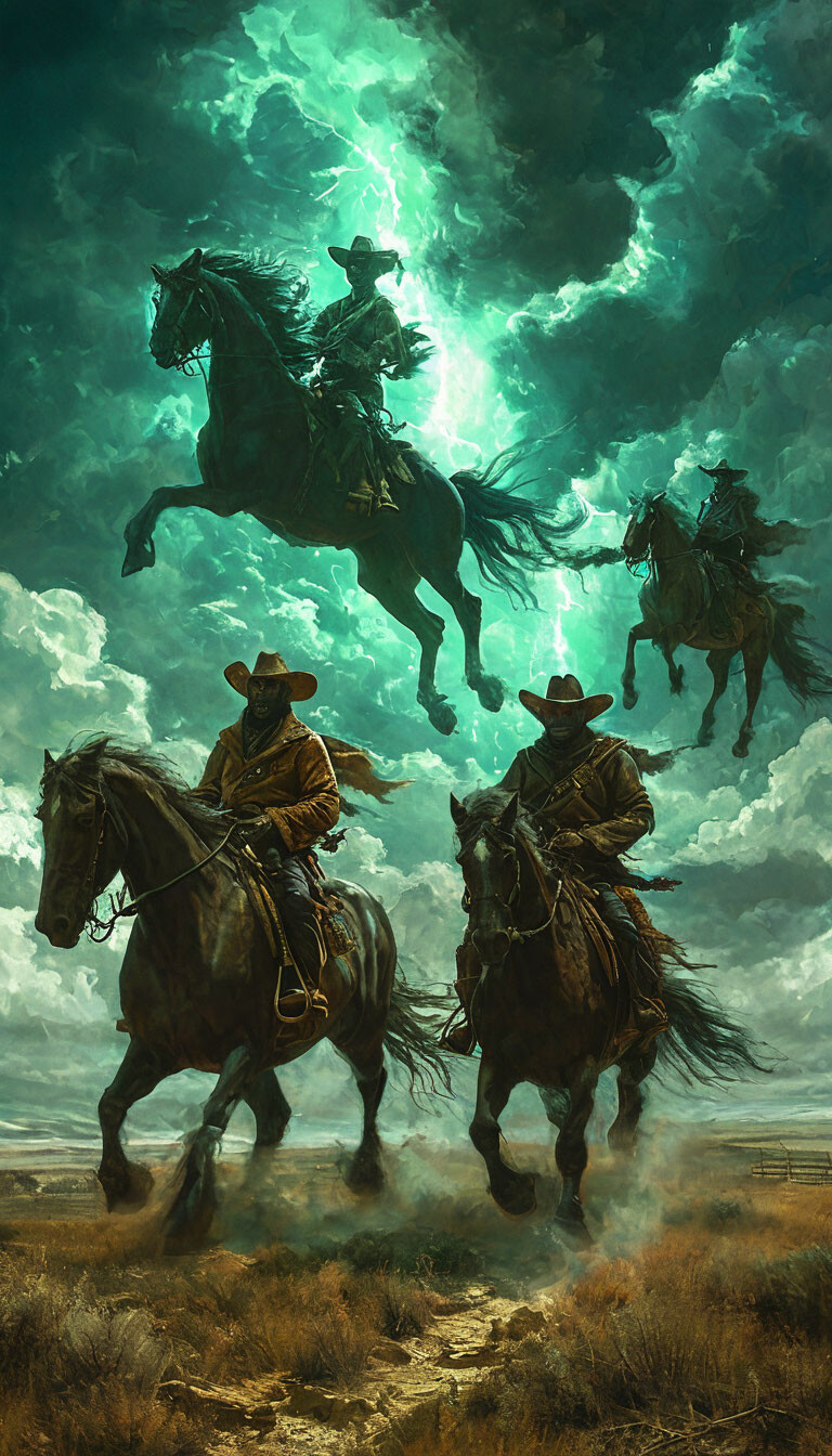 "Ghost Riders in the Sky night sky, thunderclouds, ghostly greenish light, ghost cowboys flying ...