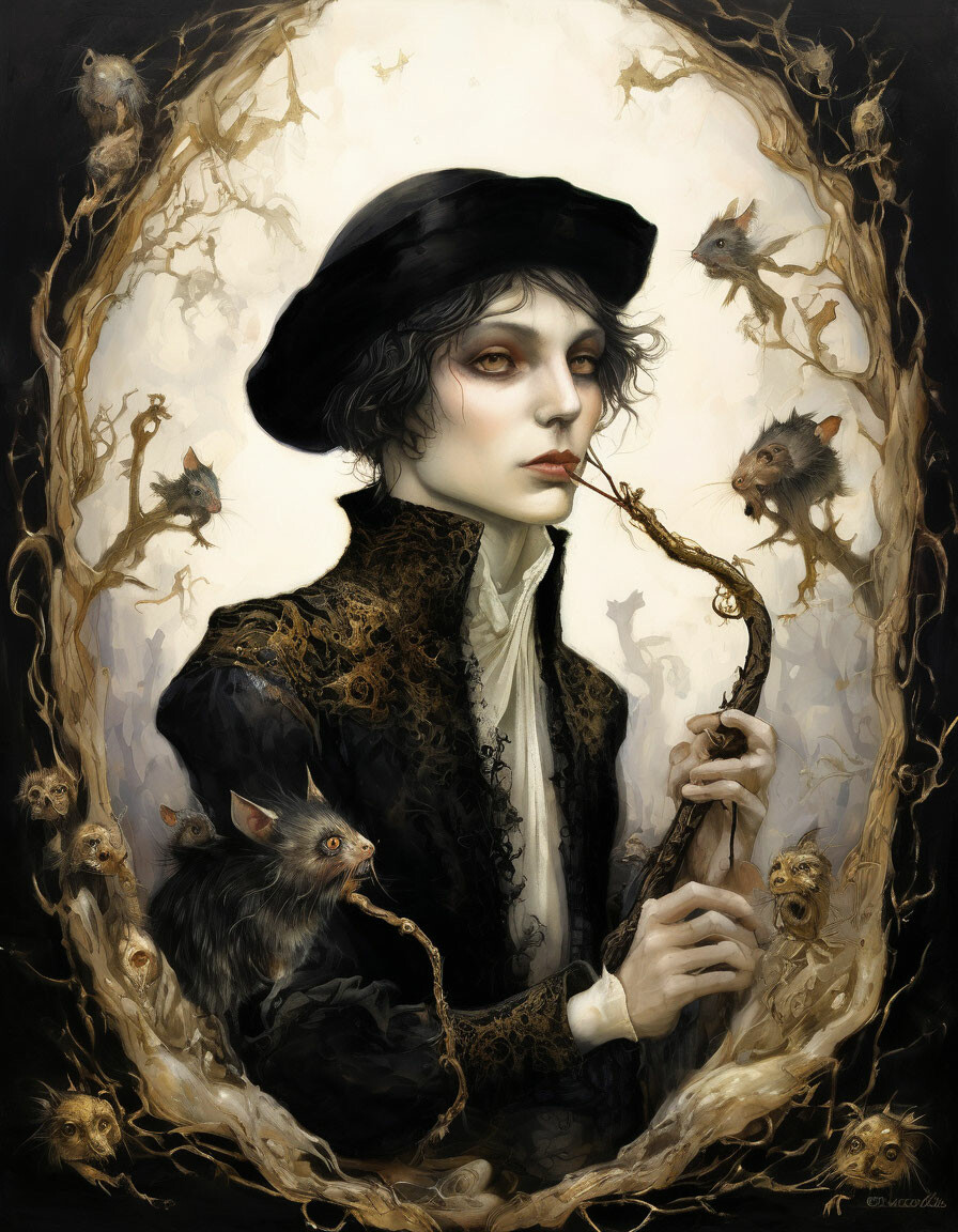 "The legend of the Pied Piper Pied Piper and black rats, airy outlines ...