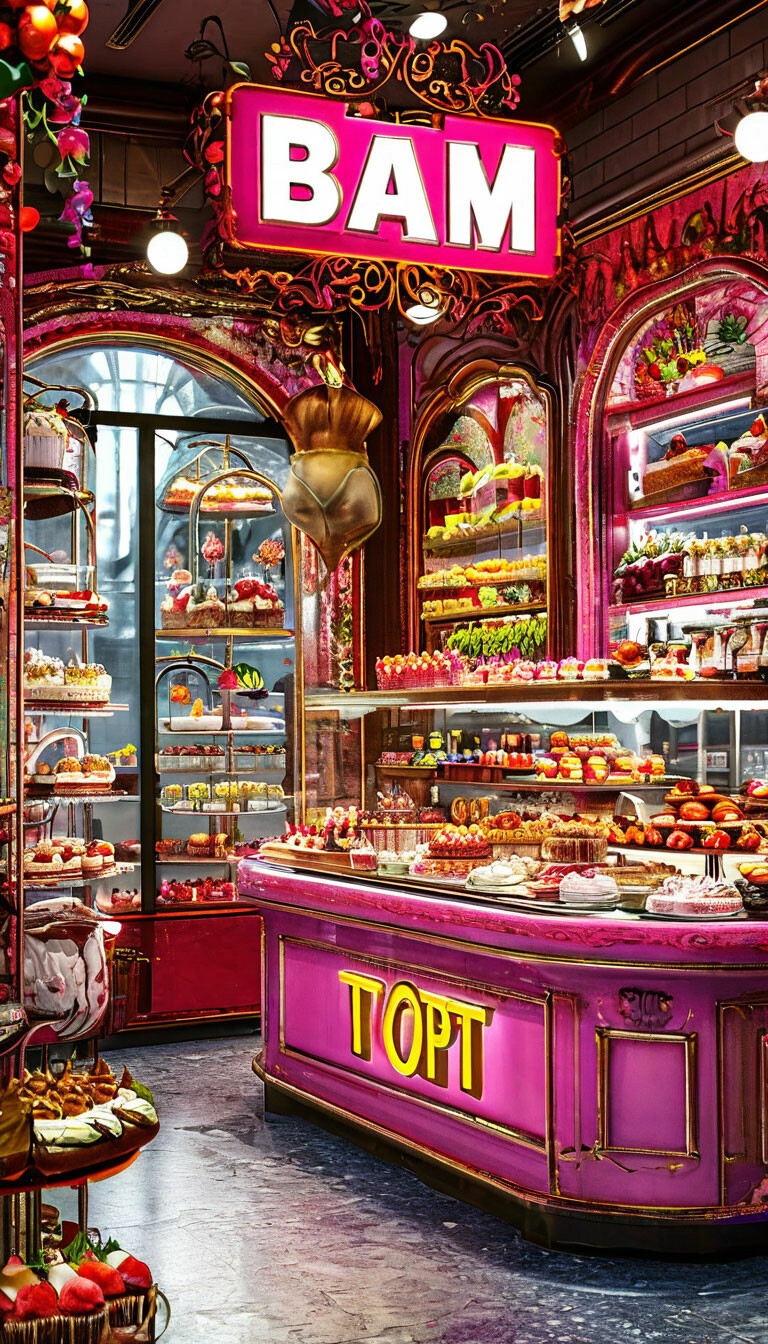«Вывеска "BAM"+"TOPT" кондитерская …» — картинка создана в Шедевруме