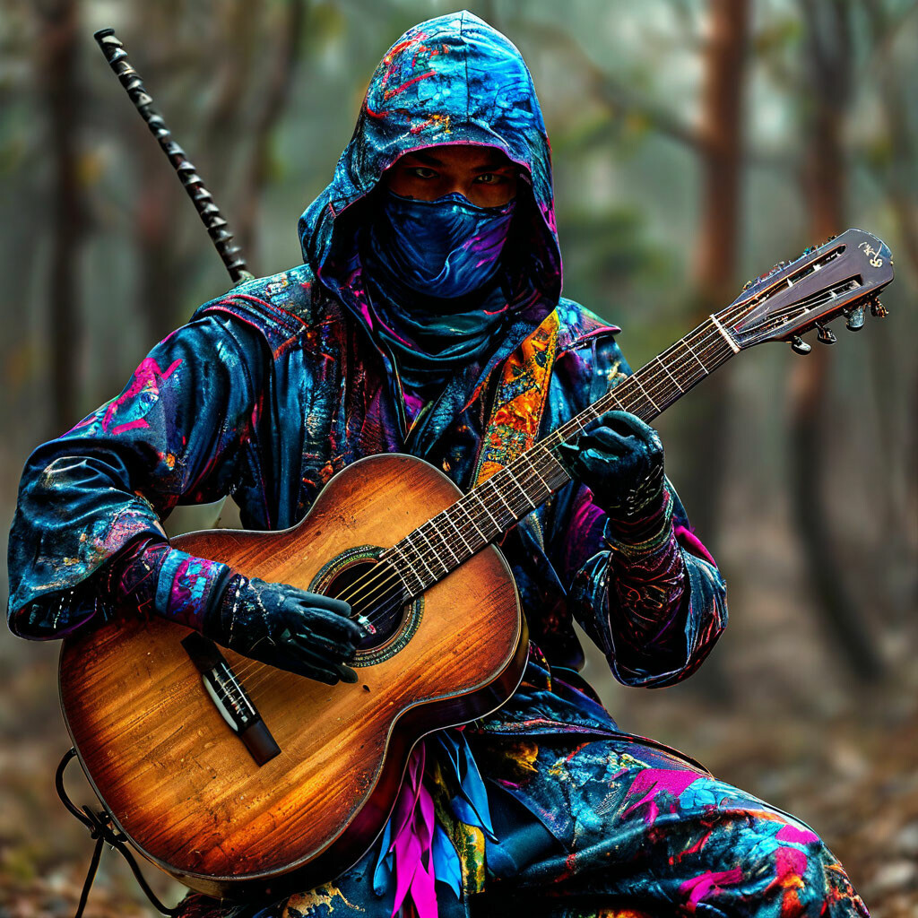 "A ninja in a beautiful colored outfit…" — image created in Shedevrum