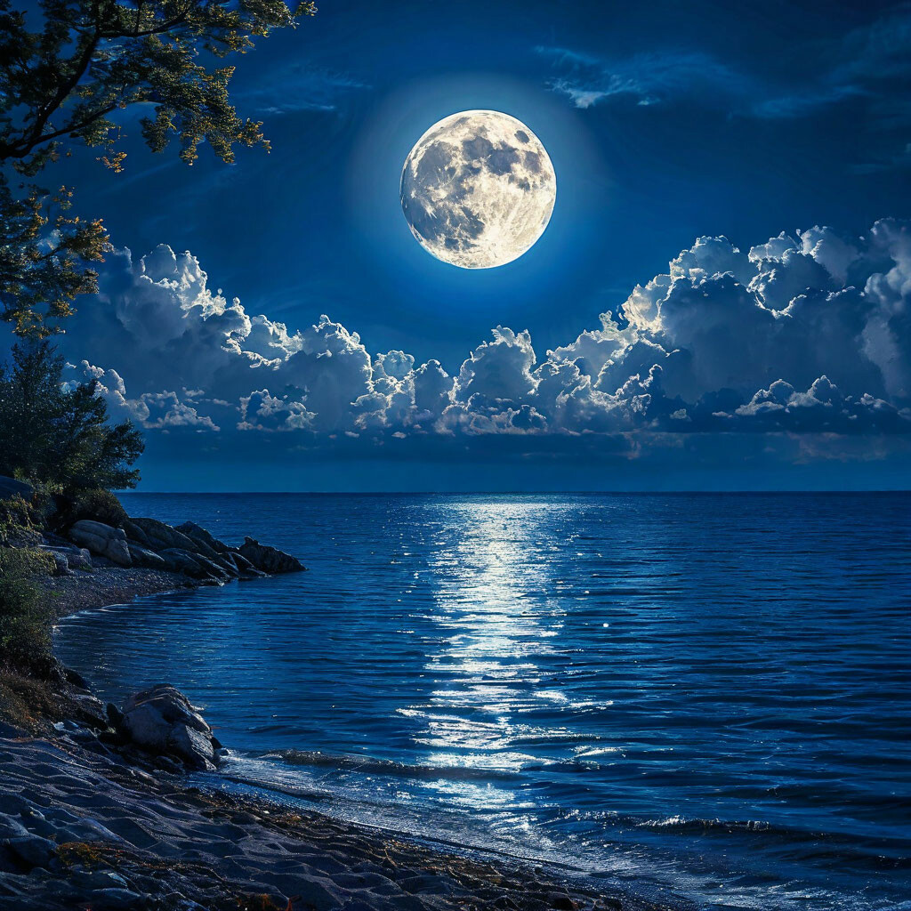 "Sea night calm huge moon moonlight path on the water all in super ...