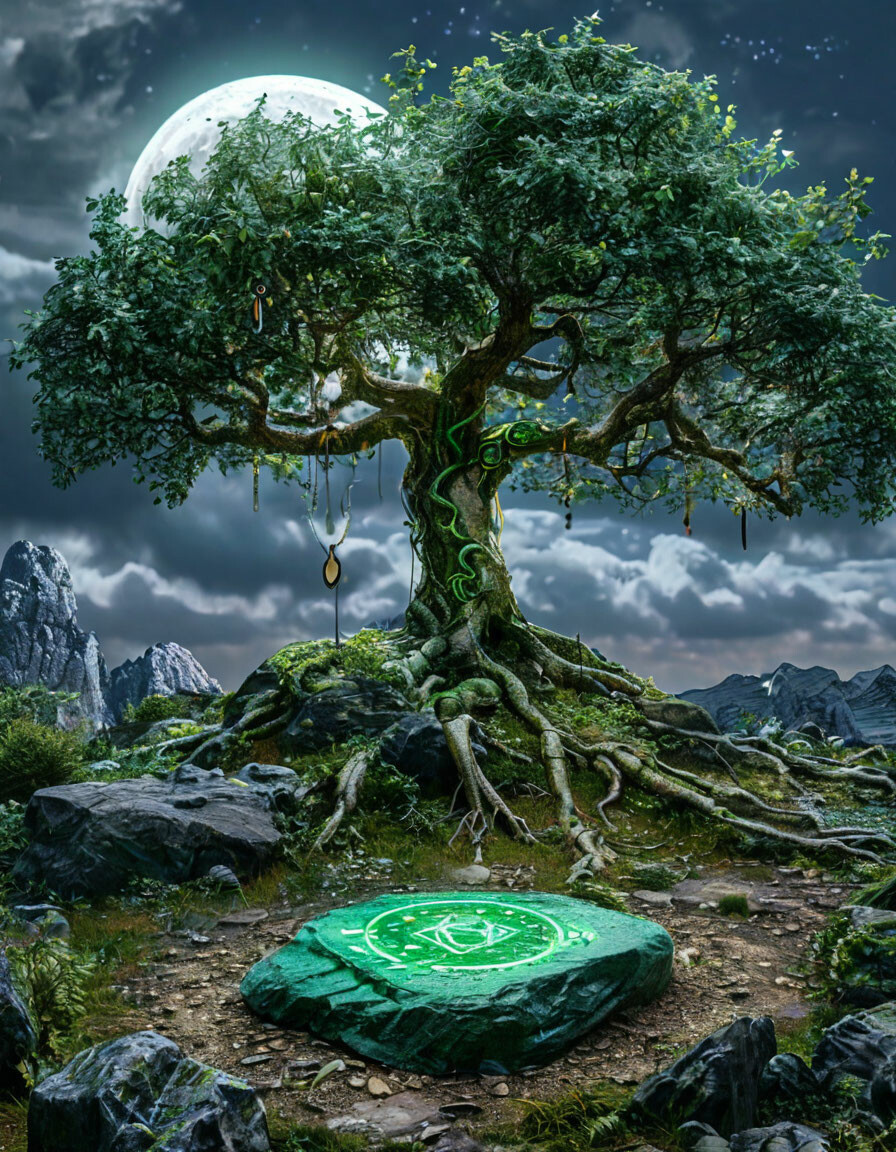 "The tree of knowledge of good and evil. There is a green jade on the ...