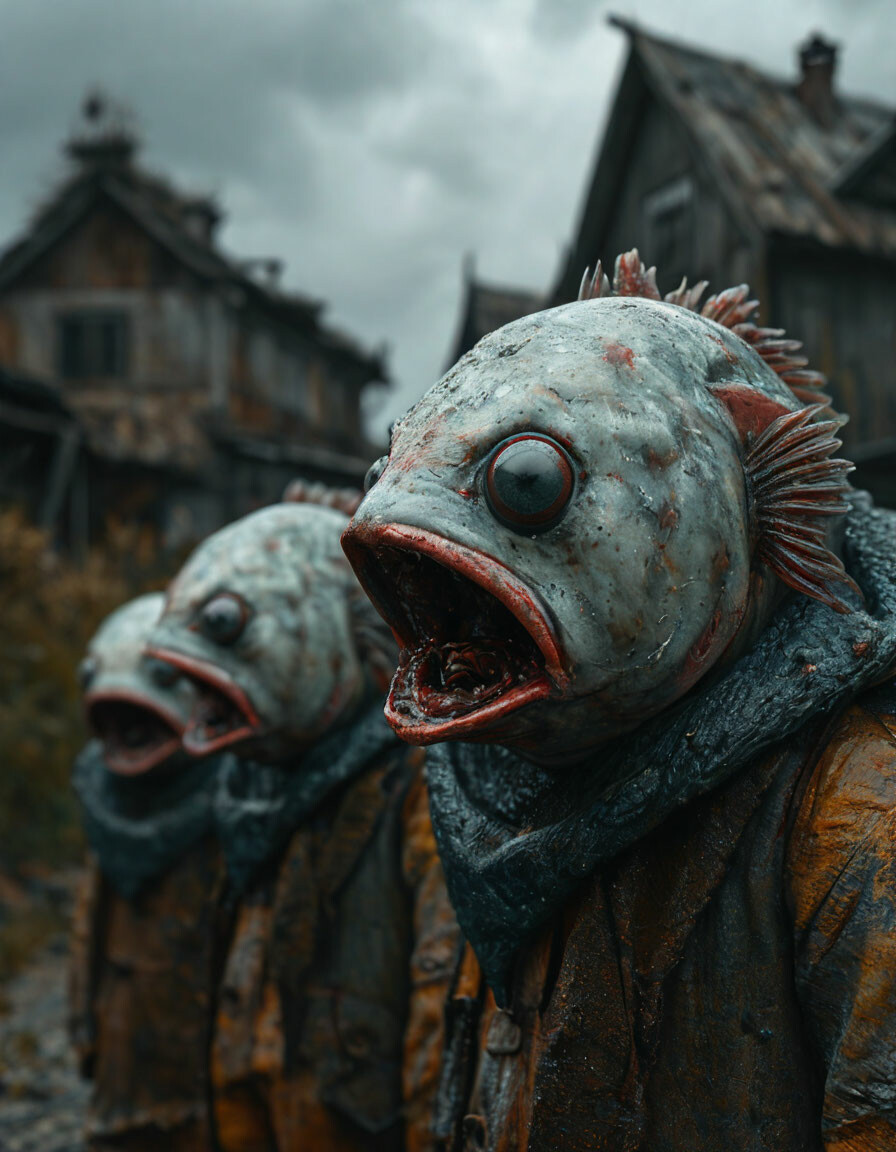 "Creepy fish people in the village, gloomy atmosphere, noir, sea ...