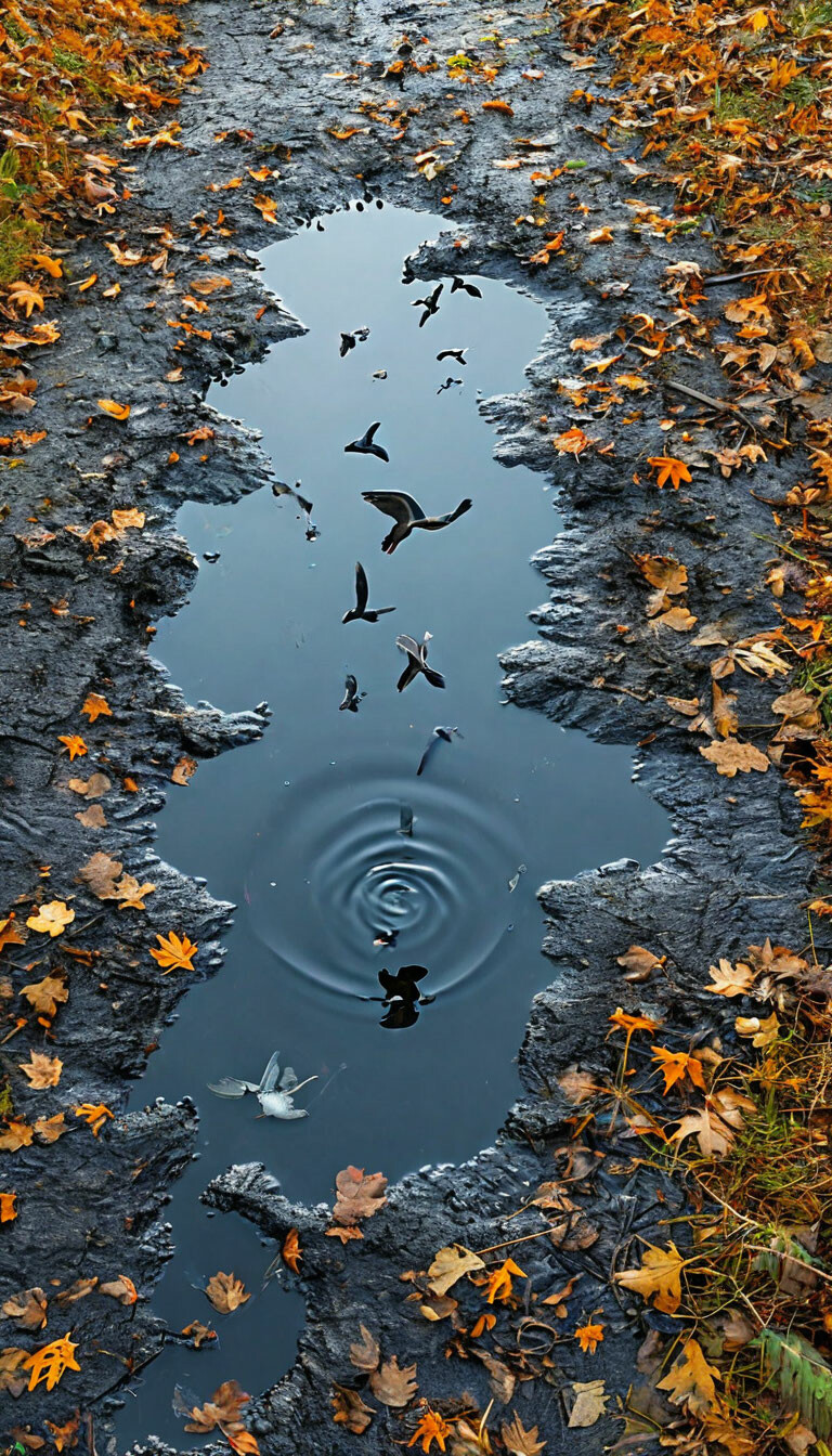 «Top-down view double exposure, a huge large puddle in which the sky is ...
