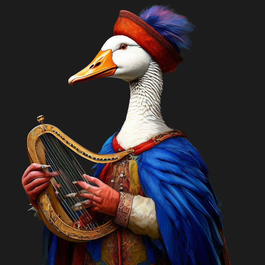 "Guslar , an anthropomorphic goose, stands in a colored hat with ...