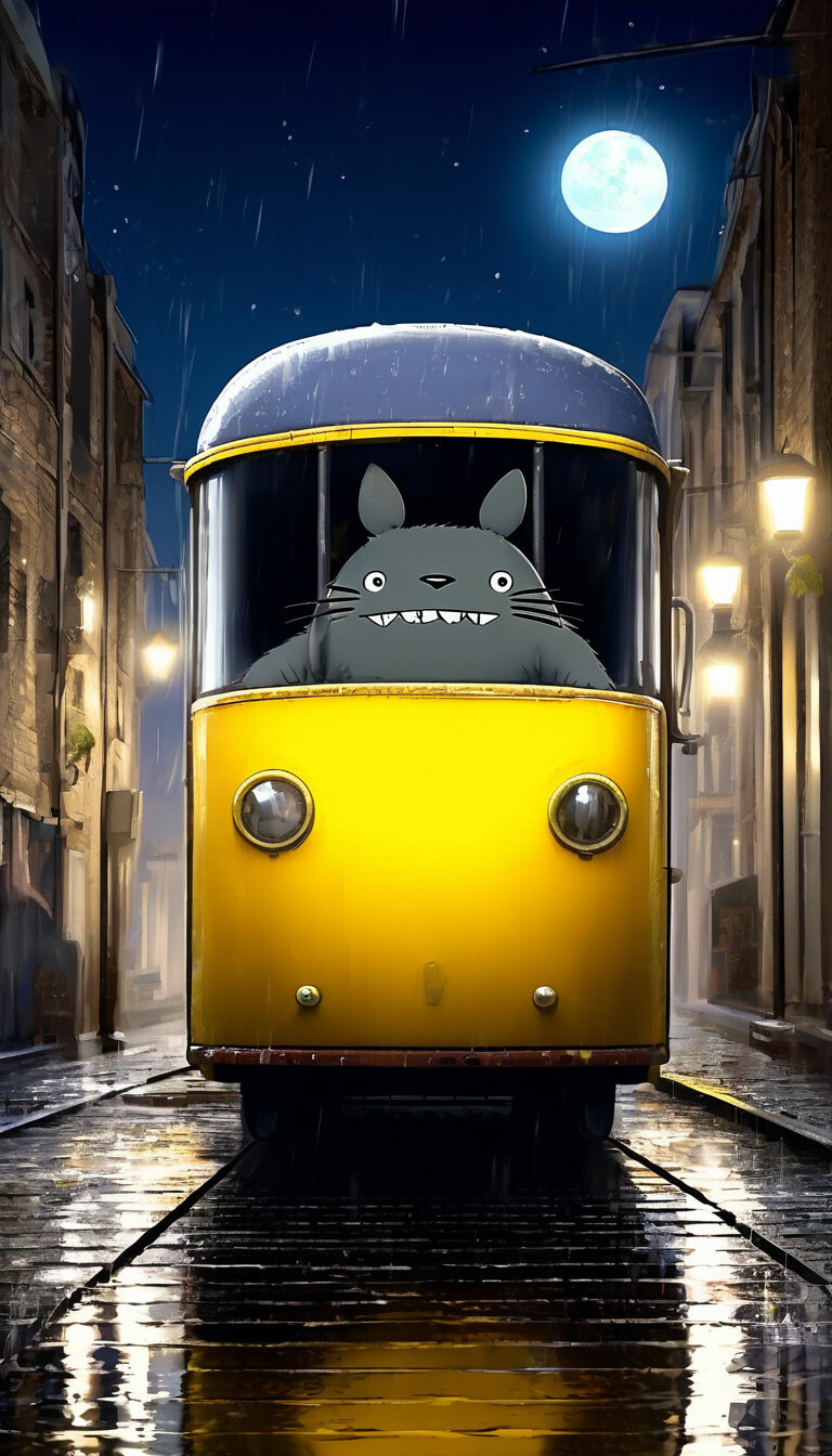 "Totoro the cat is riding a tram. big moon night, lantern, rain ...