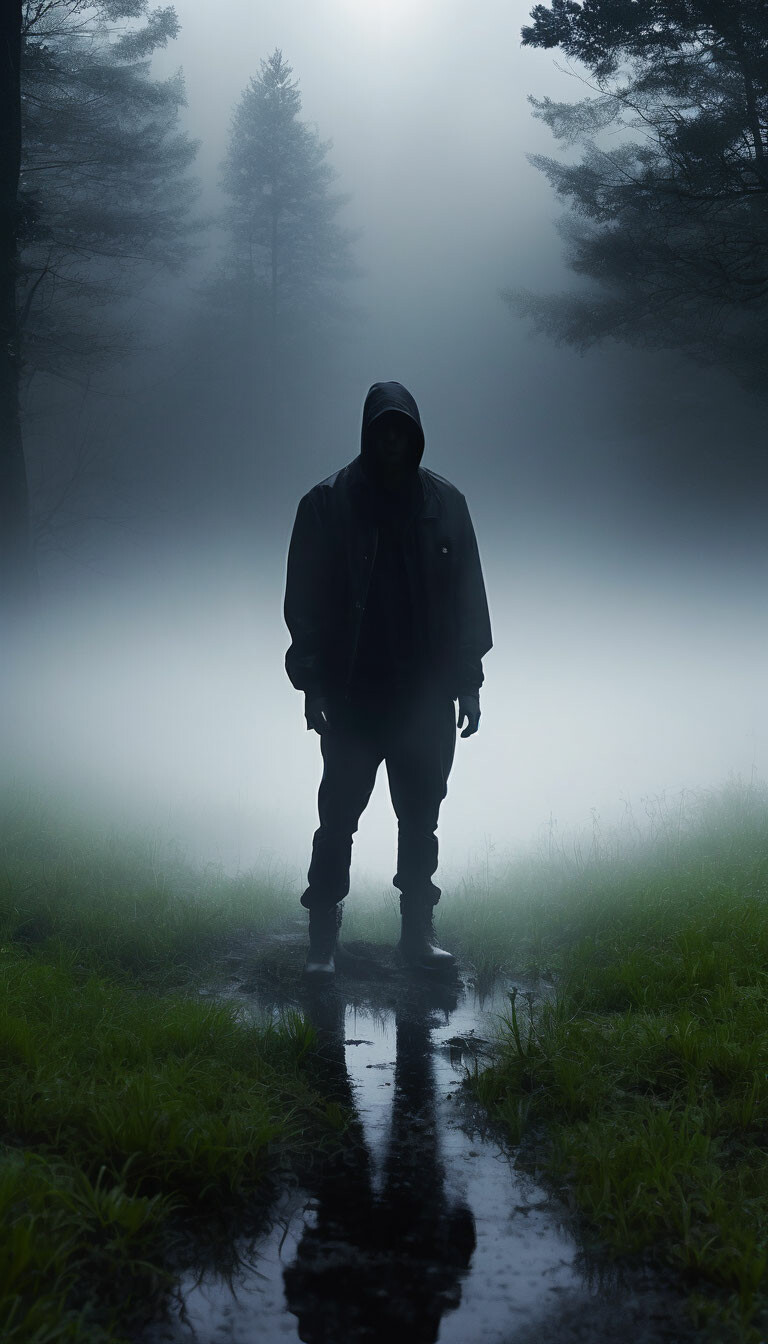 "Eminem's rapper is in the forest, Marshall Mathers, dark forest in fog ...
