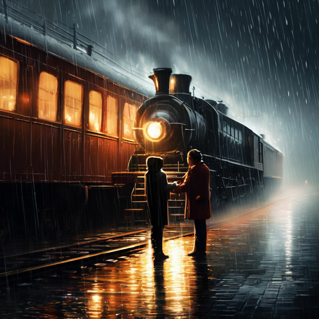 ". Kiss in the rain, train, locomotive, downpour, goodbye, Jeff Rowland ...